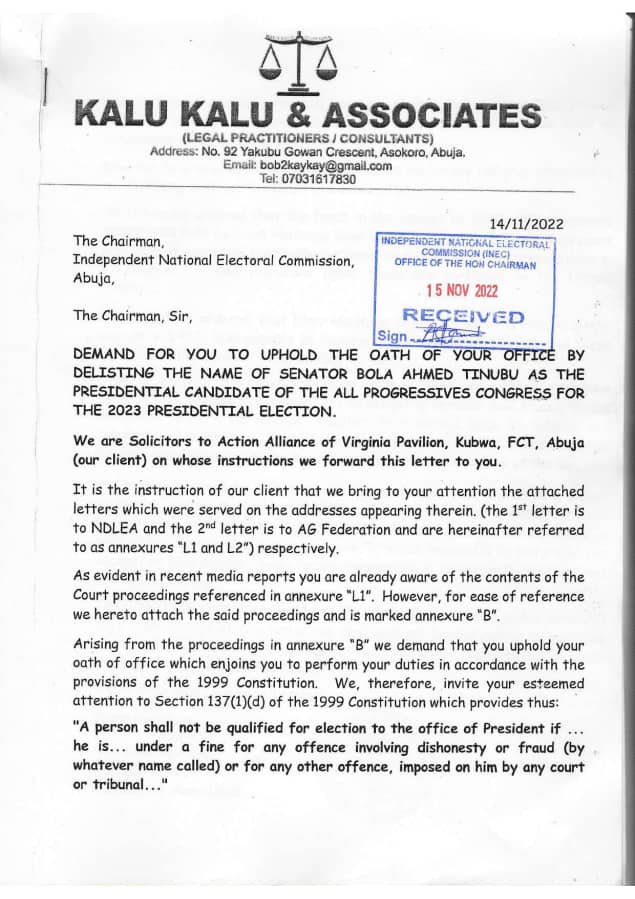 2023: Group Writes INEC, Wants Tinubu Delisted As Presidential Candidate
