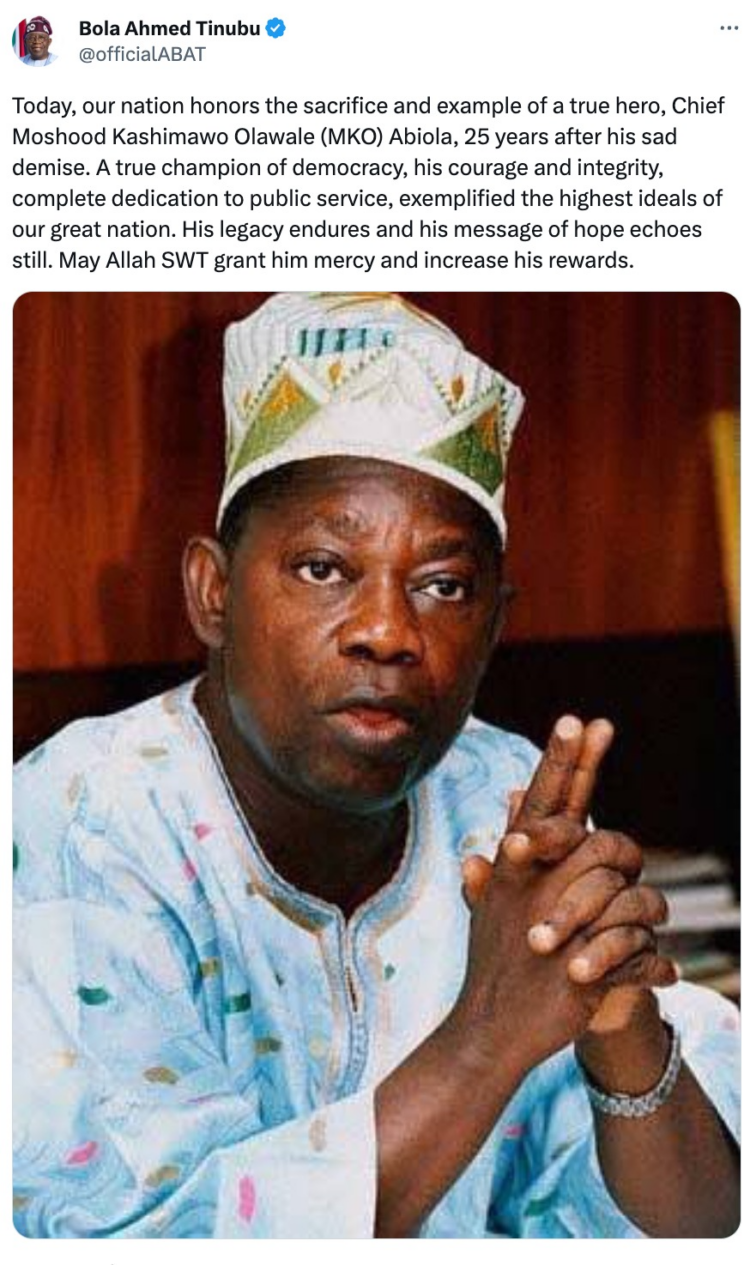 Tinubu Pays Tribute To Late Abiola On 25th Memorial Anniversary