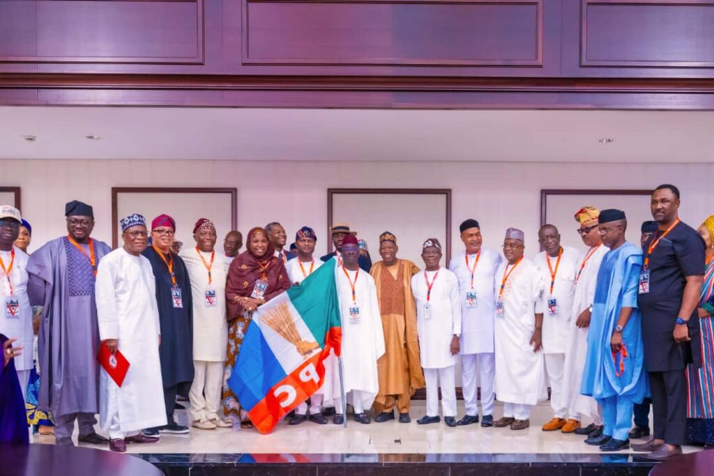 PICTORIAL: Tinubu Presents APC Flag To Edo Guber Candidate, Running Mate