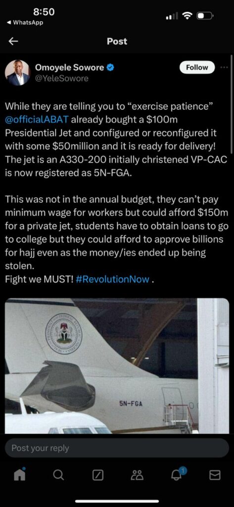 Sowore Accuses Tinubu Of Buying New $100m Presidential Jet Amid ...