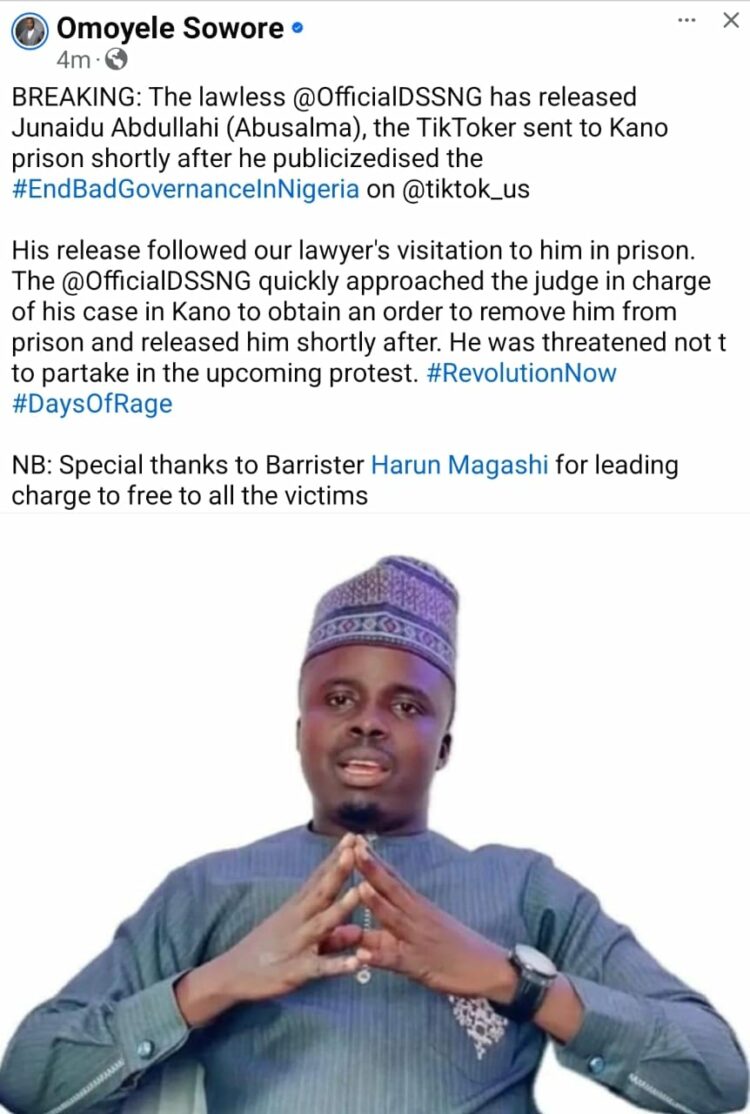 August 1 Protest: Kano TikToker Abusalma Released From Prison