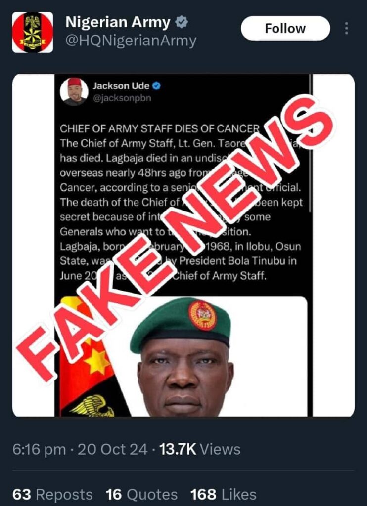 JUST-IN: Army Debunks Rumoured Death Of COAS Lagbaja