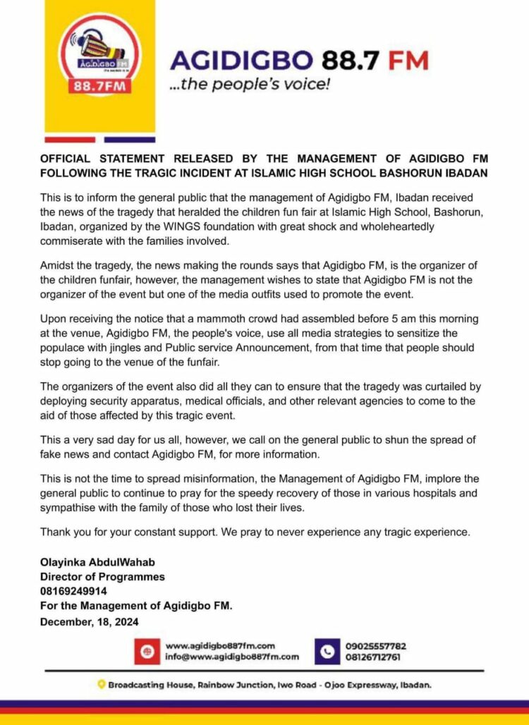 Stampede: Popular Oyo Radio Station Agidigbo FM Denies Organising Carnival