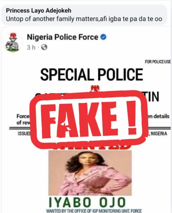 Police Disown Fake 'Wanted' Notice About Actress Iyabo Ojo